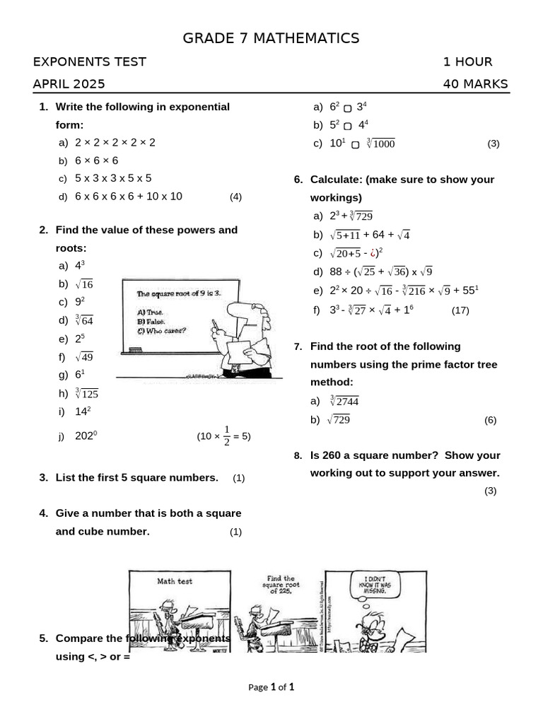 Grade 7 Exponents Test April 2025 | PDF