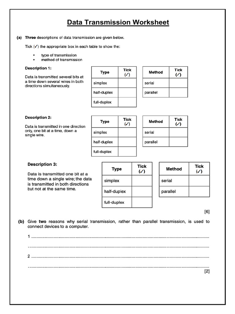 Data Transmission Worksheet | PDF