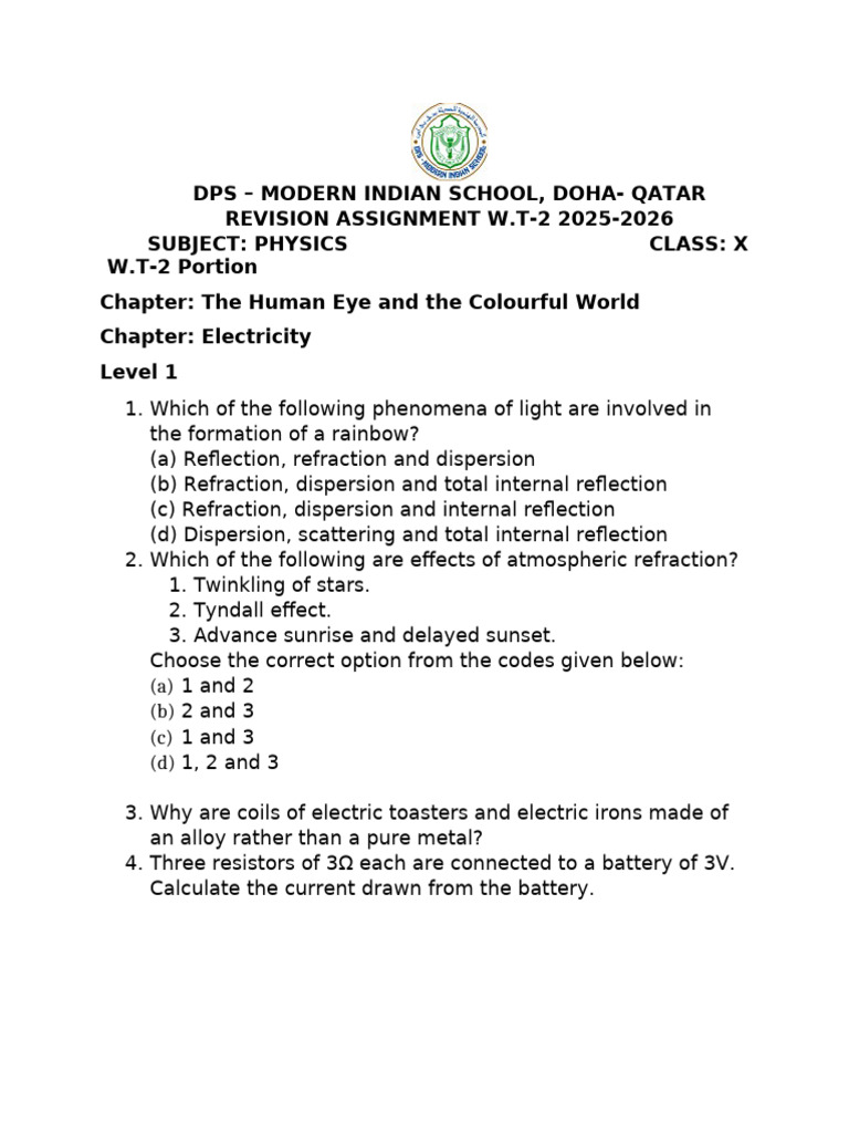 Revision Assignment W T 2 | PDF | Resistor | Series And Parallel Circuits