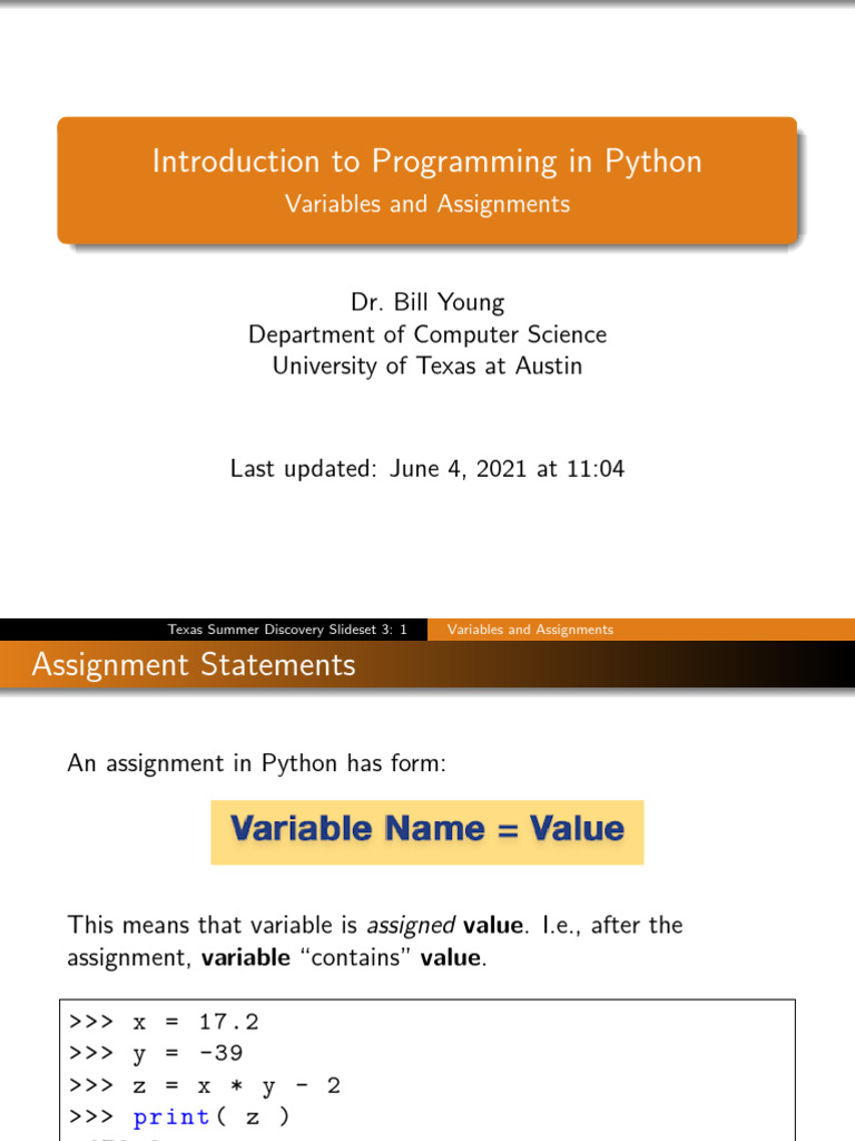 Python Variable Assignment Basics | PDF | Variable (Computer Science ...