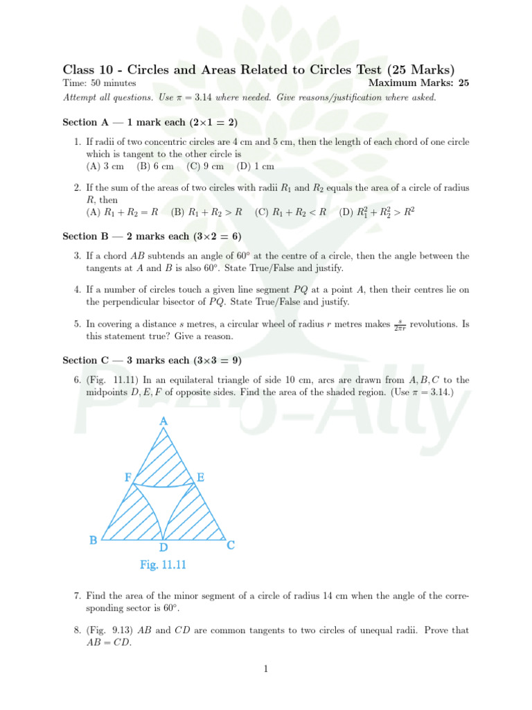 Class 10 Circles Test - 25 Marks | PDF