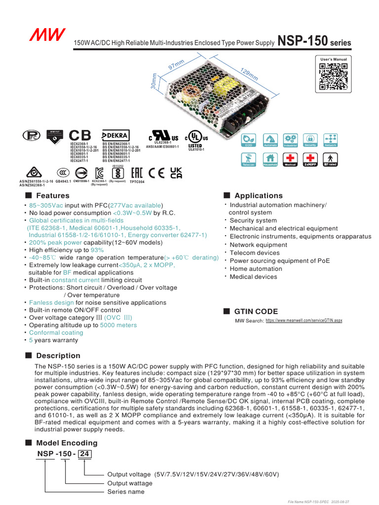 150W AC/DC Power Supply Specifications | PDF | Power Supply | Rectifier