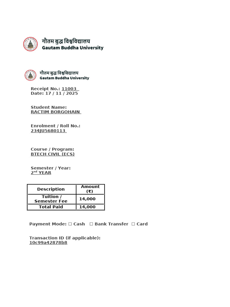 BTECH Civil Course Payment Receipt | PDF