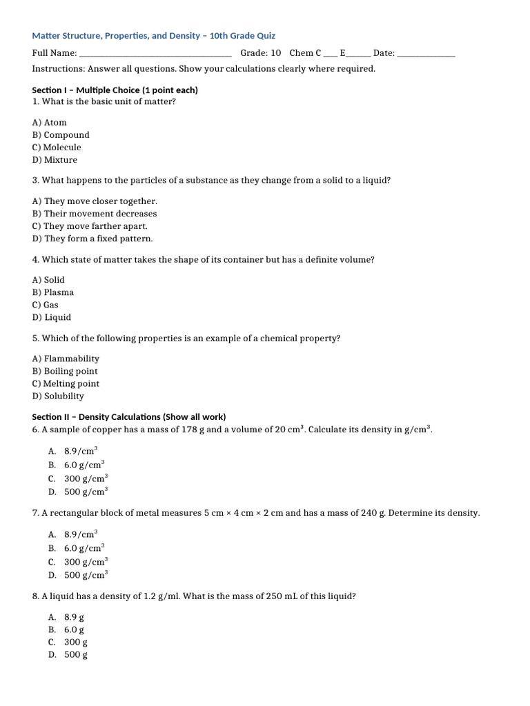 10th Grade Matter Quiz: Structure & Density | PDF | Chemical Substances ...