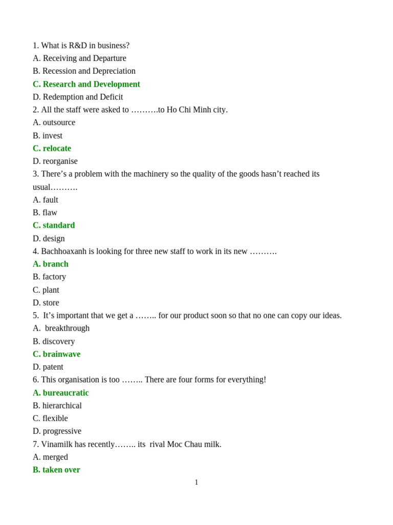 Business Vocabulary and Concepts Quiz | PDF | Dividend | Startup Company