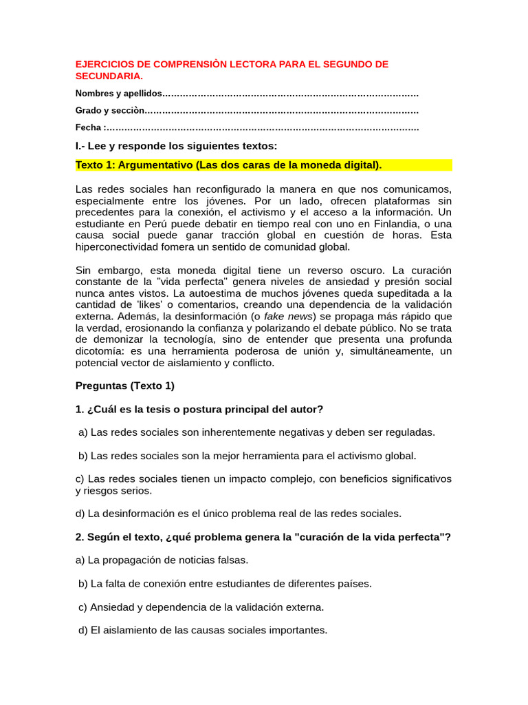 Ejercicios de Comprensiòn Lectora para El Tercero de Secundaria | PDF ...