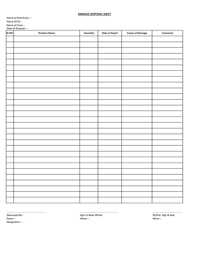 Damage Disposal Sheet Template | PDF