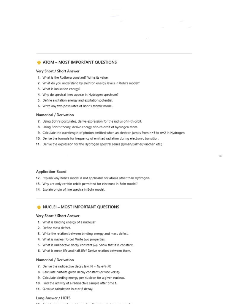 Class 12 Atom Nuclei Questions | PDF | Atoms | Spectral Line