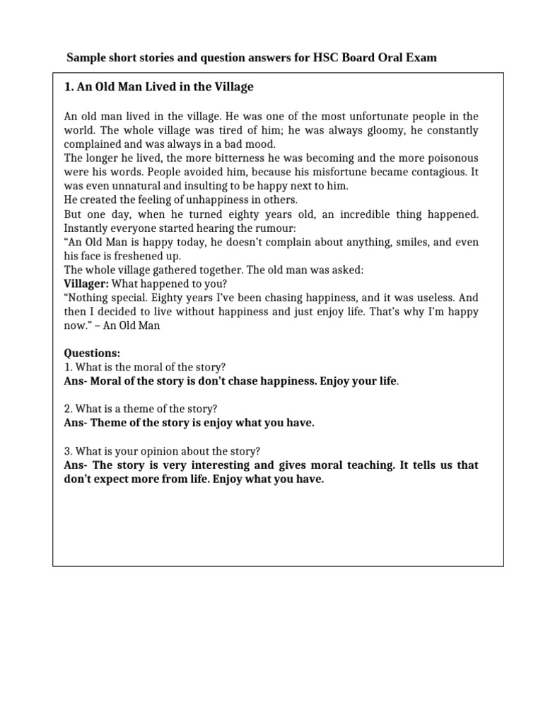 HSC Oral Exam: Short Stories & Answers | PDF
