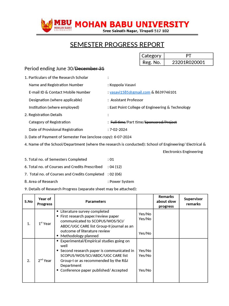Semester Progress Report for Research Scholar | PDF | Academic ...