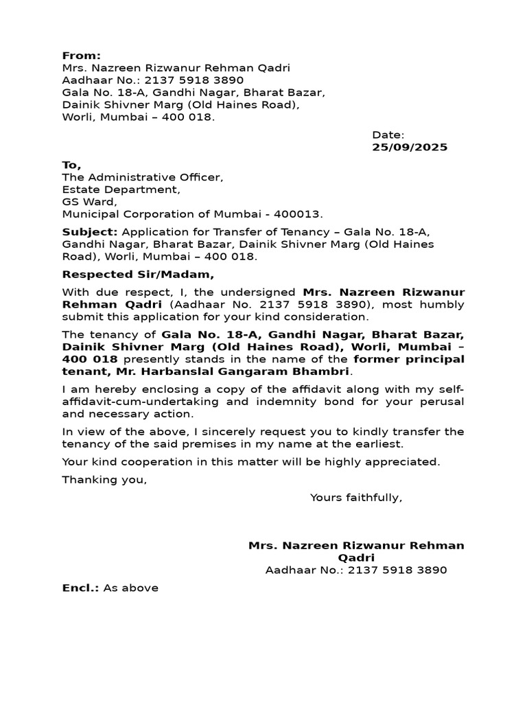 Transfer of Tenancy Letter | PDF