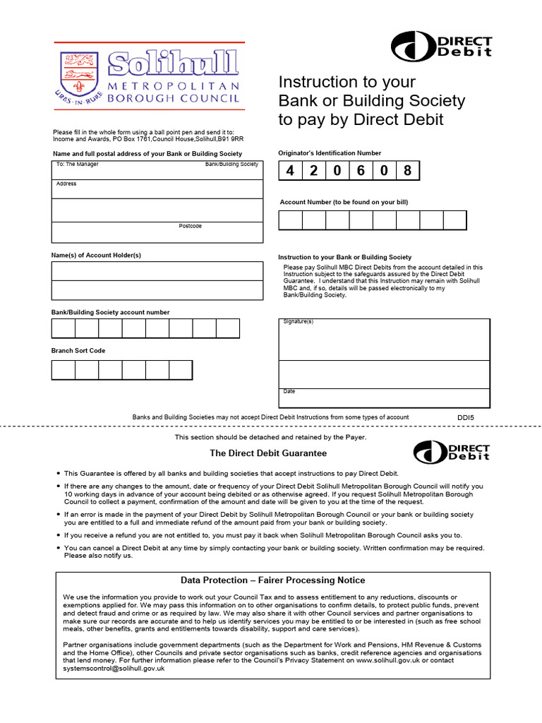 CouncilTax Direct Debit Instruction Form | PDF | Debit Card | Payments