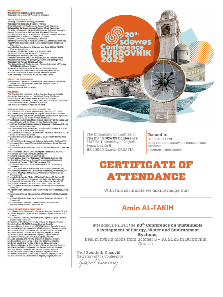 20th SDEWES Conference Attendance Certificate | PDF | Sustainability
