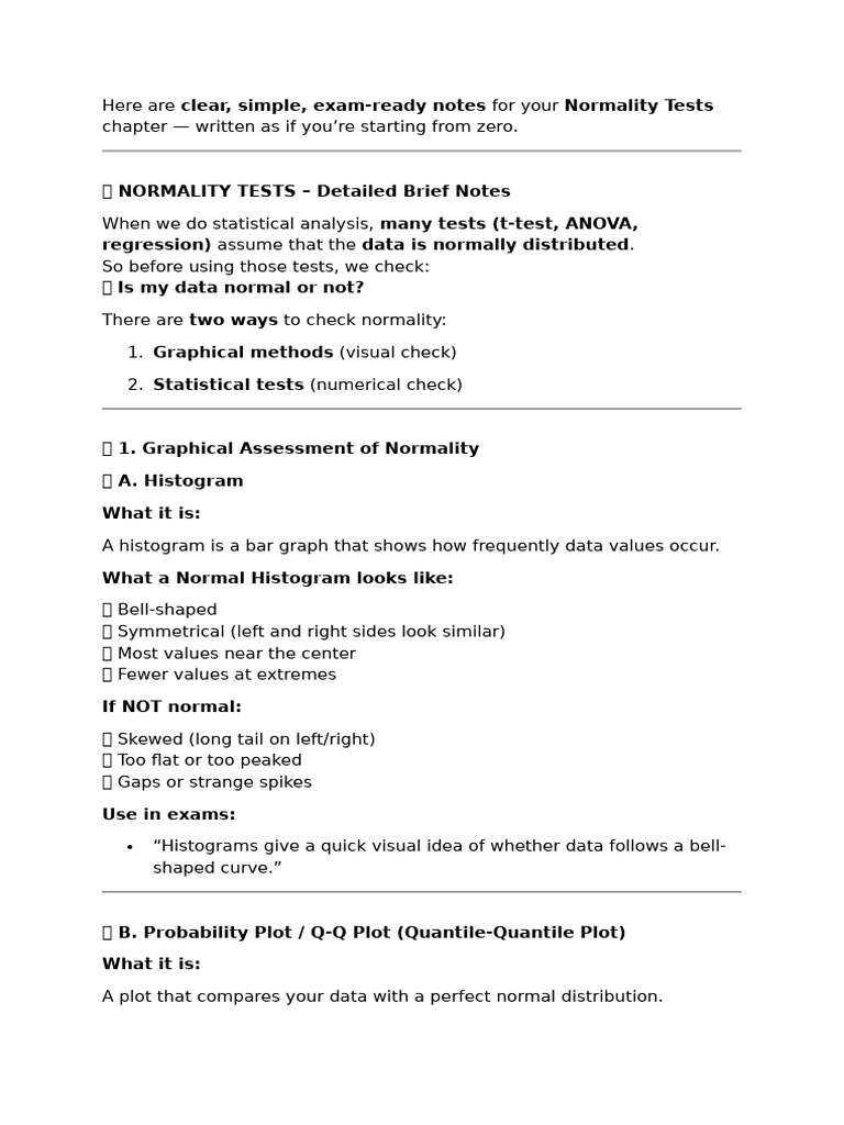 Exam-Ready Normality Tests Notes | PDF | Skewness | Histogram