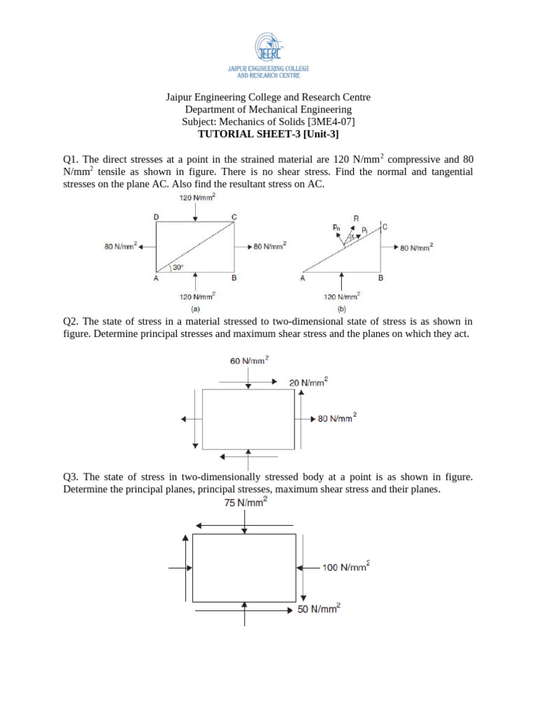 TUTORIAL SHEET-3 (Unit-3) | PDF | Stress (Mechanics) | Angle