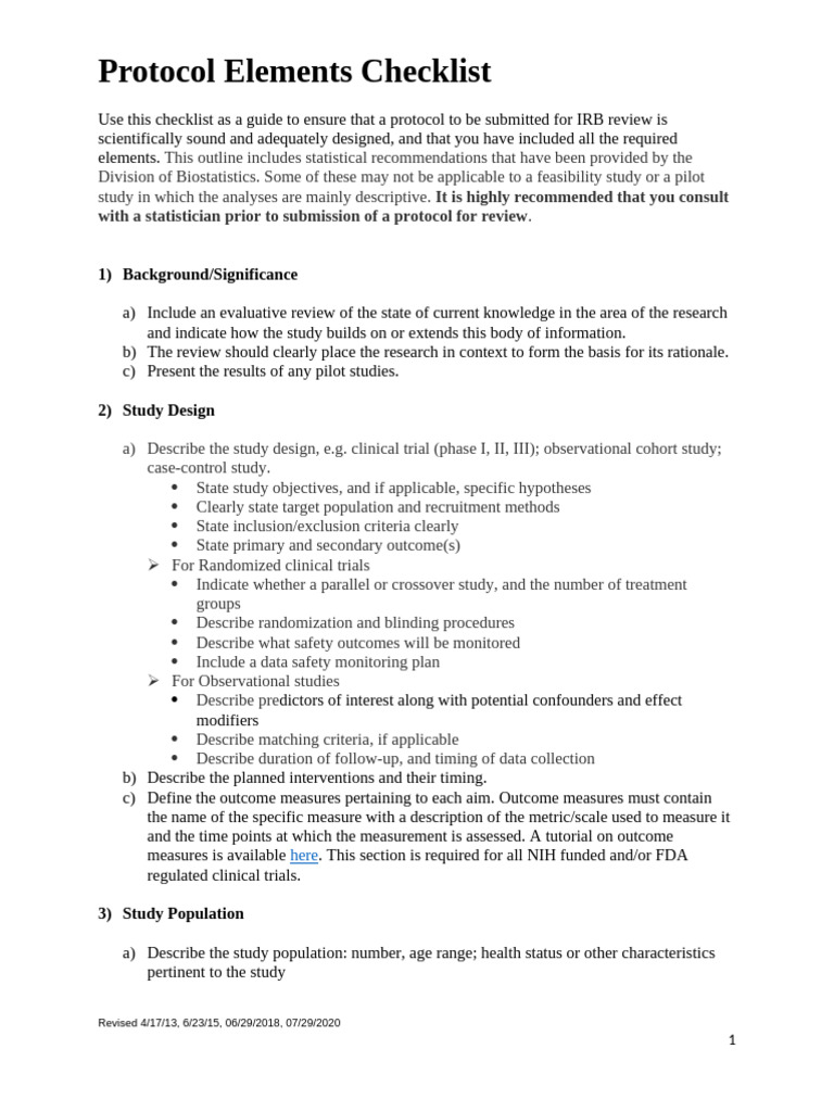 IRB Protocol Elements Checklist | PDF | Clinical Trial | Informed Consent