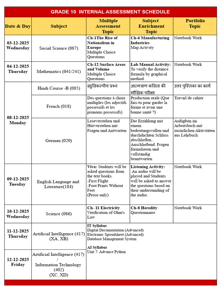 Internal Assessment Schedule G-10 | PDF