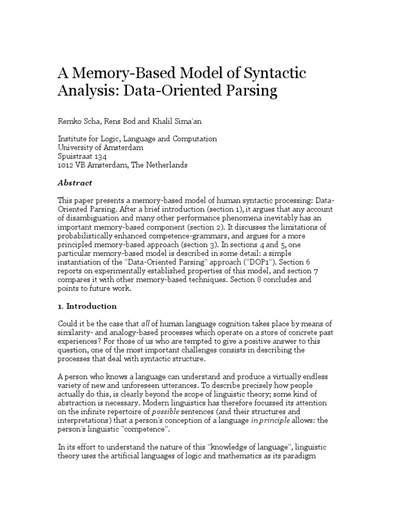 A Memory-Based Model of Syntactic Analysis: Data-Oriented Parsing | PDF | Parsing | Syntax