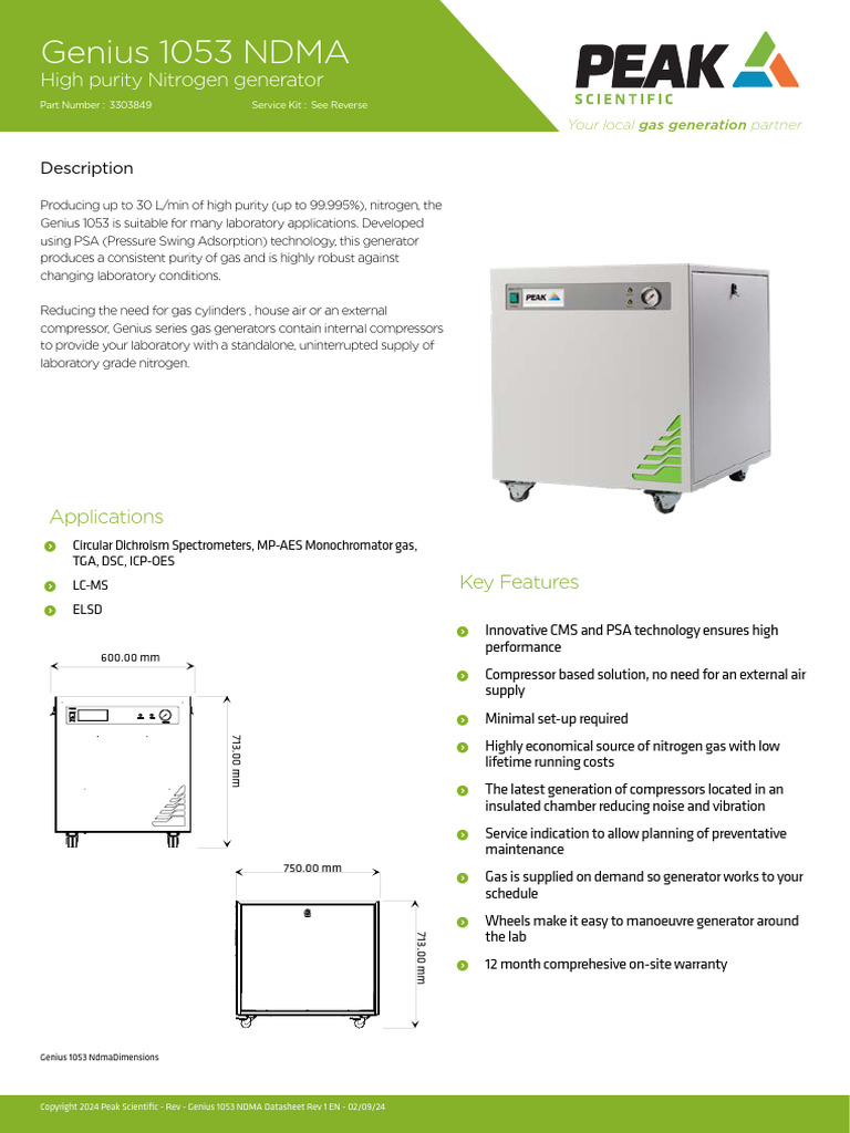 Genius 1053 NDMA Nitrogen Generator Datasheet | PDF | Energy Technology ...