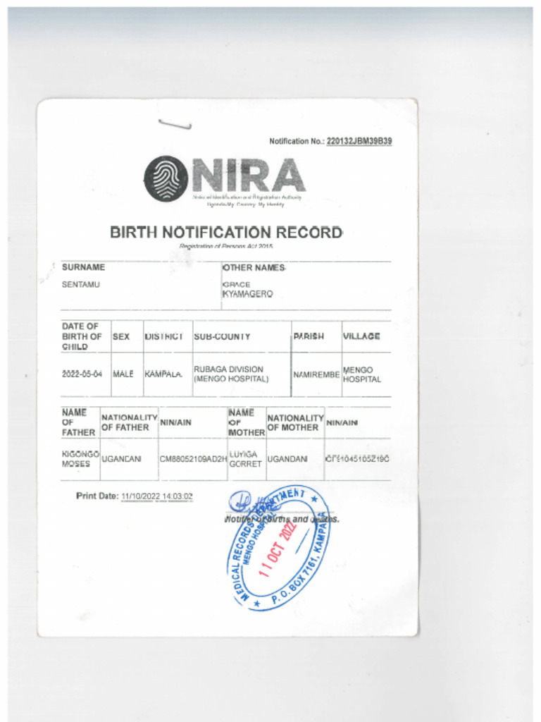 Nira Birth Notification Record | PDF