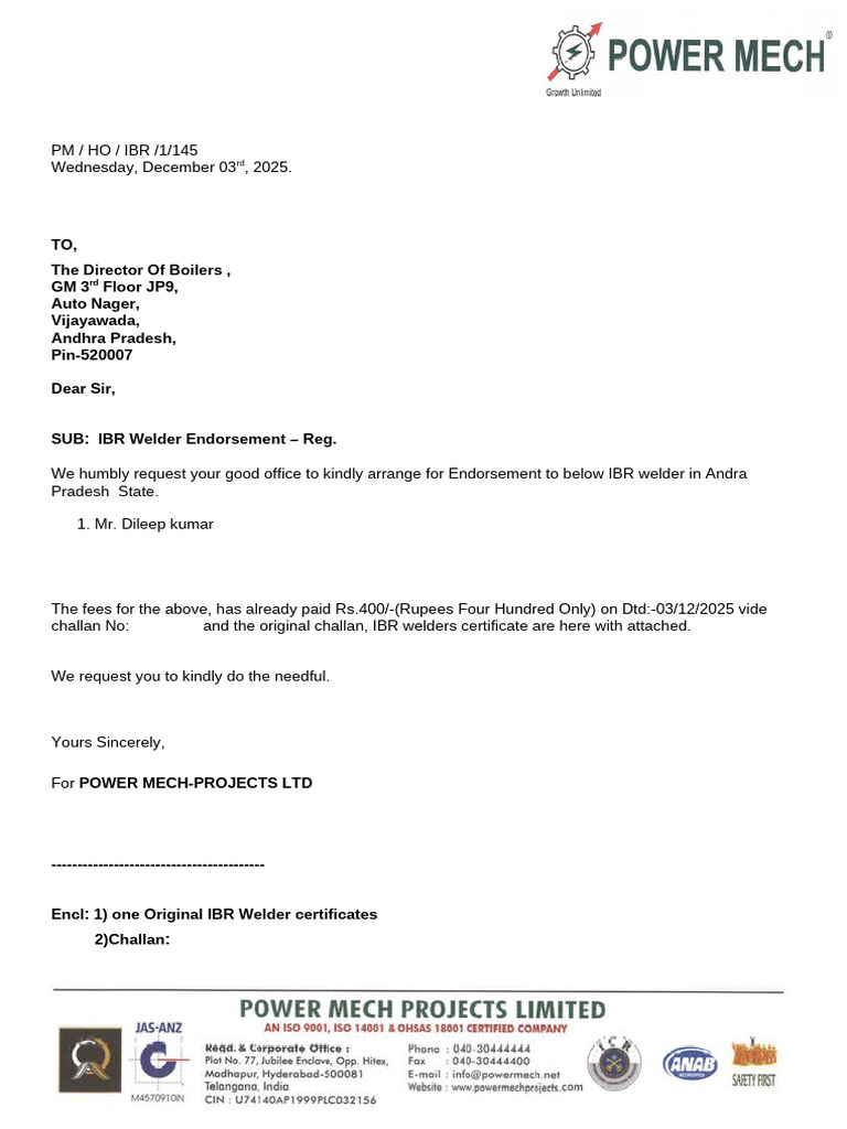 IBR Welders Endorsement Covering Letter for AMC Works (1) | PDF