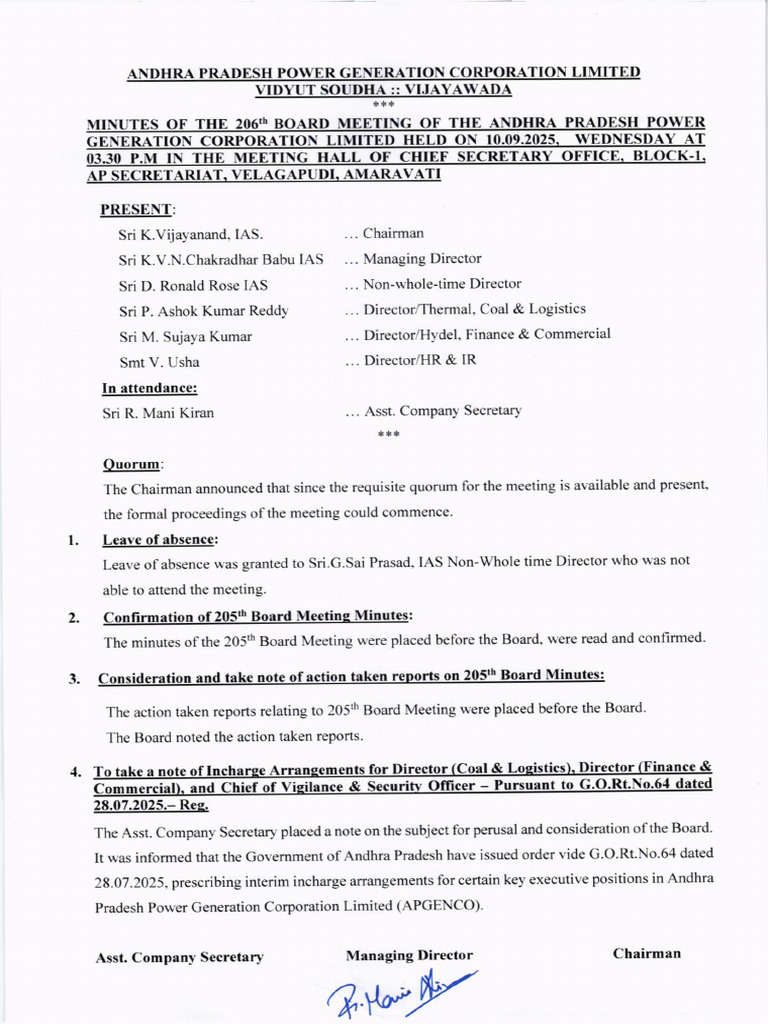 APGENCO 206th Board Meeting Minutes | PDF | Audit | Ratification