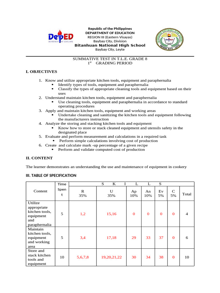 Grade 8 TLE Summative Test Guide | PDF