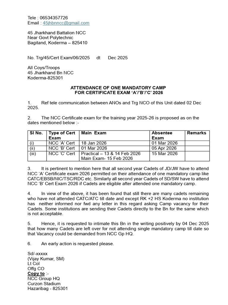 Proposed Dates and Pending Cadets For NCC Cert Exam | PDF