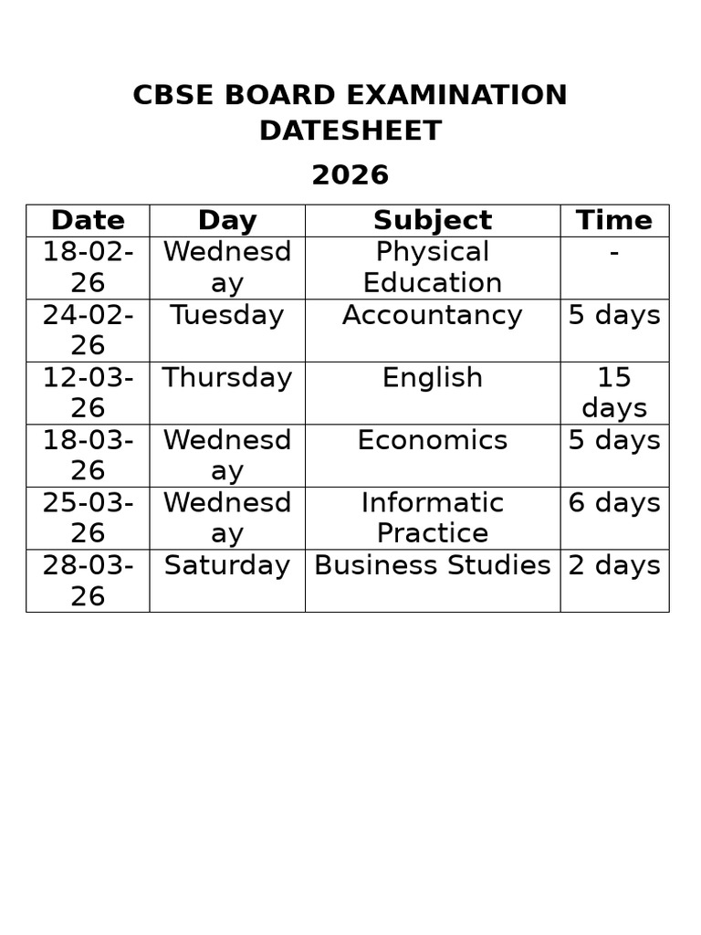 Cbse Board Examination Datesheet 2026 | PDF