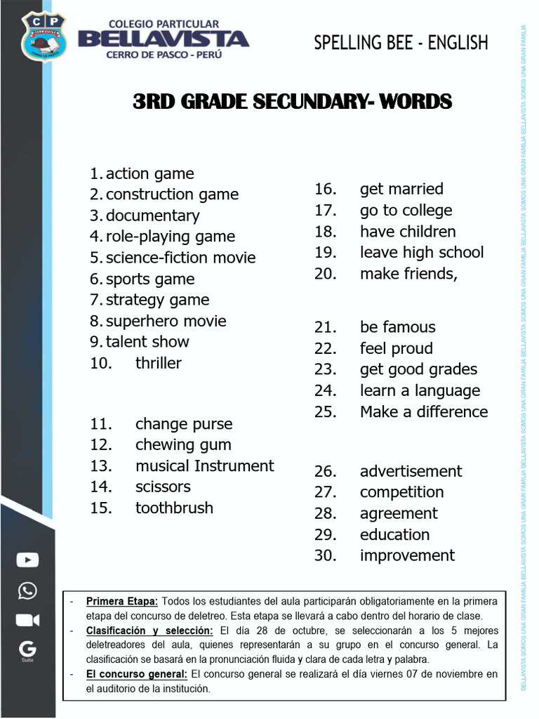 SPELLING BEE - 3rd Grade Secundary | PDF