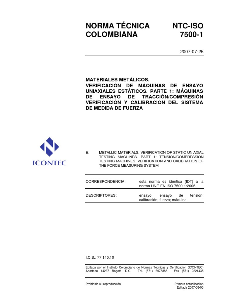 Verificación de Máquinas de Ensayo NTC-ISO 7500-1 | PDF | Calibración ...