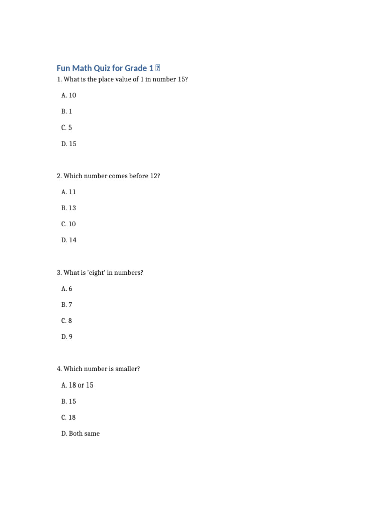 Fun Math Quiz Grade1 | PDF