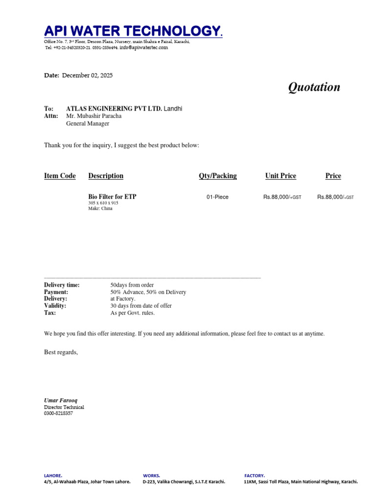Quotation of Bio Filter 02-12-25 | PDF