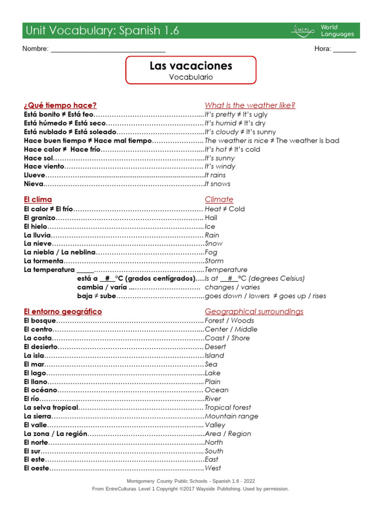 Spanish Vocabulary: Weather & Geography | PDF