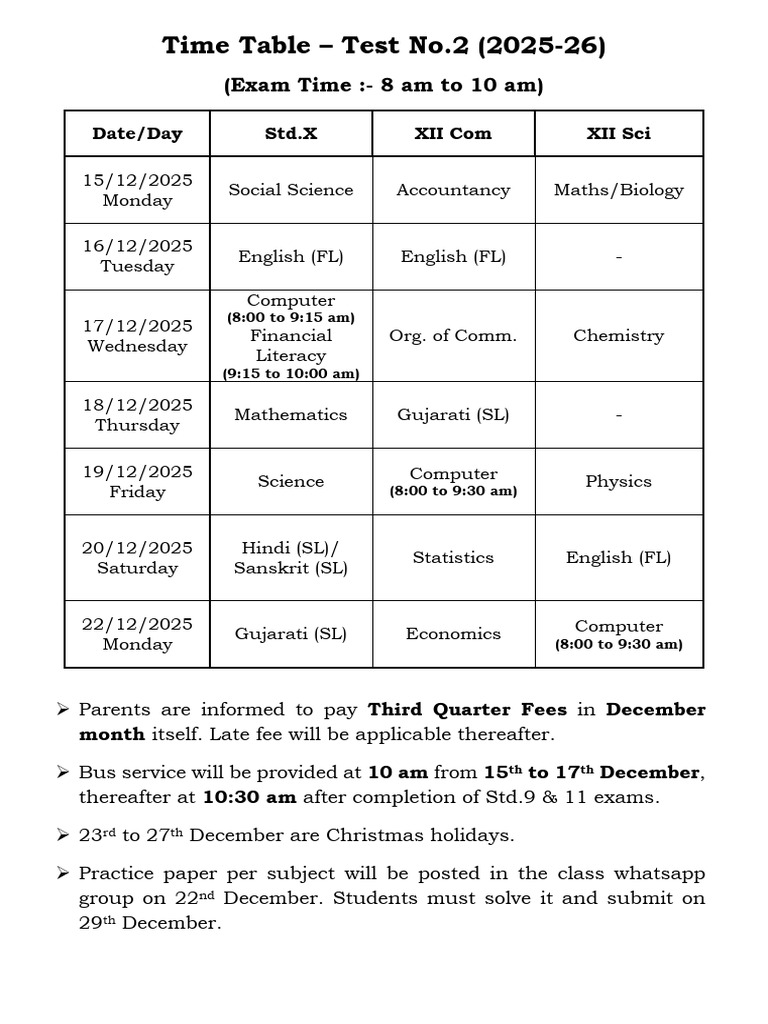 Time Table for Test No.2 | PDF