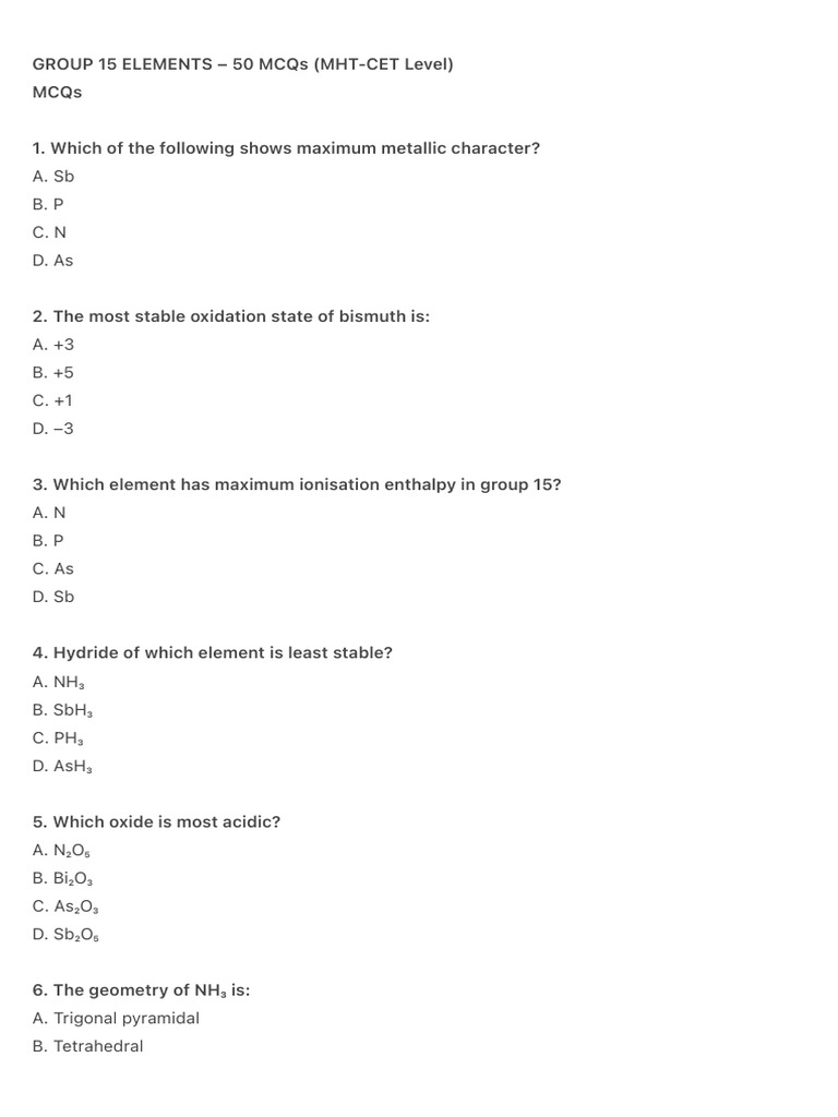 Group 15 Elements: 50 MCQs for MHT-CET | PDF | Nitric Acid | Nitrogen