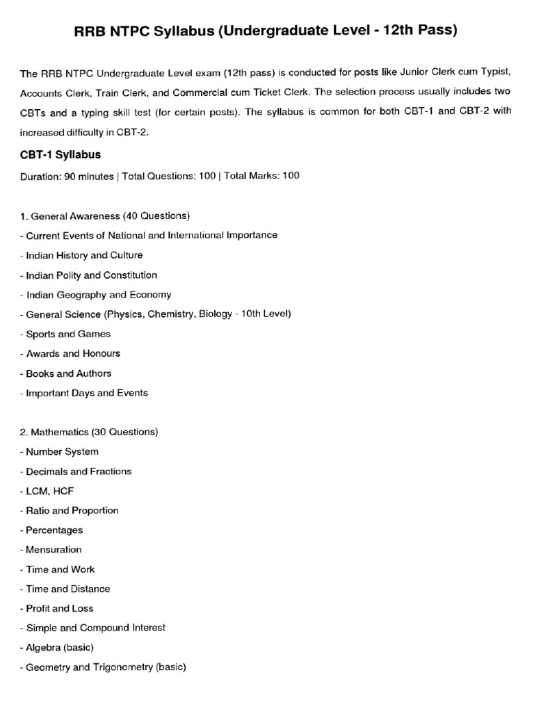 RRB NTPC Undergraduate Syllabus | PDF