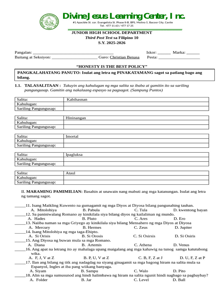 FILIPINO 1O EXAM Third Post Test | PDF
