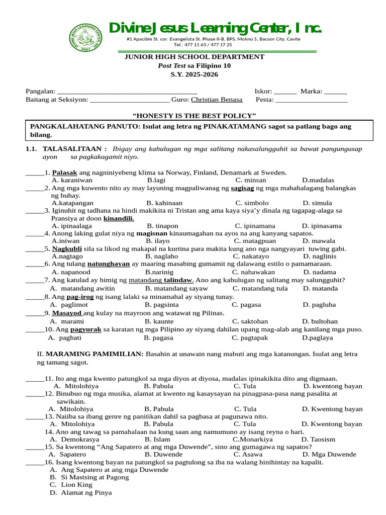 Filipino 1o Exam | PDF