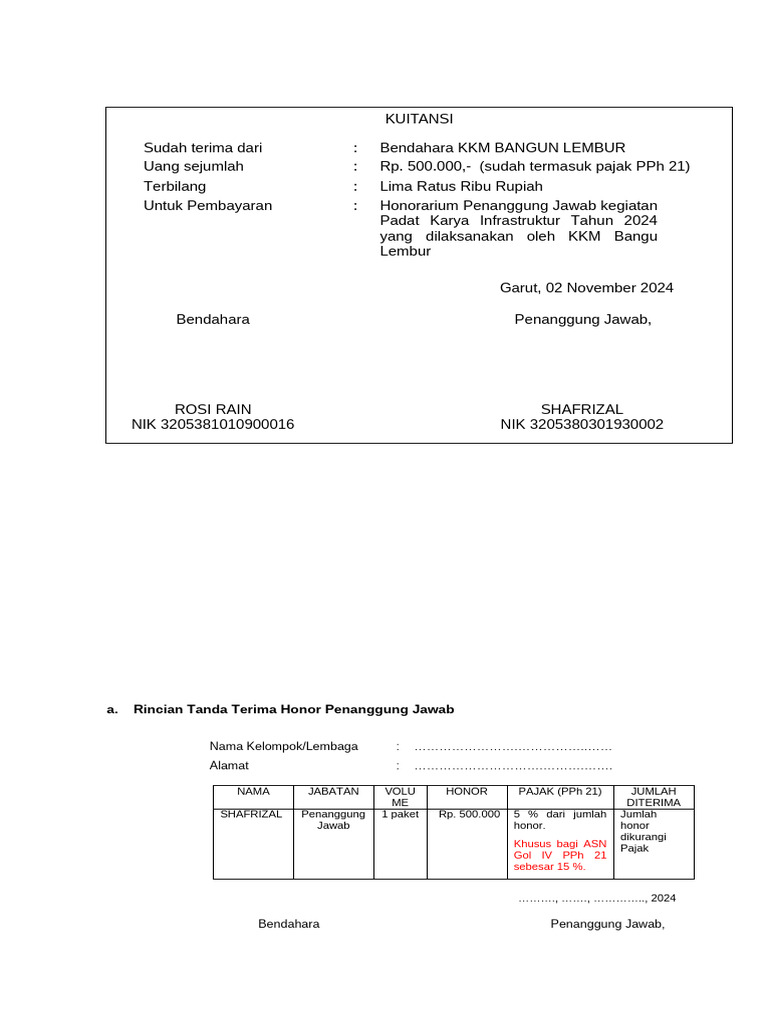 Rincian Honorarium dan Pajak 2024 | PDF