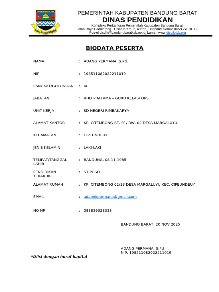 Biodata Adang Permana, S.Pd. Guru Kelas | PDF