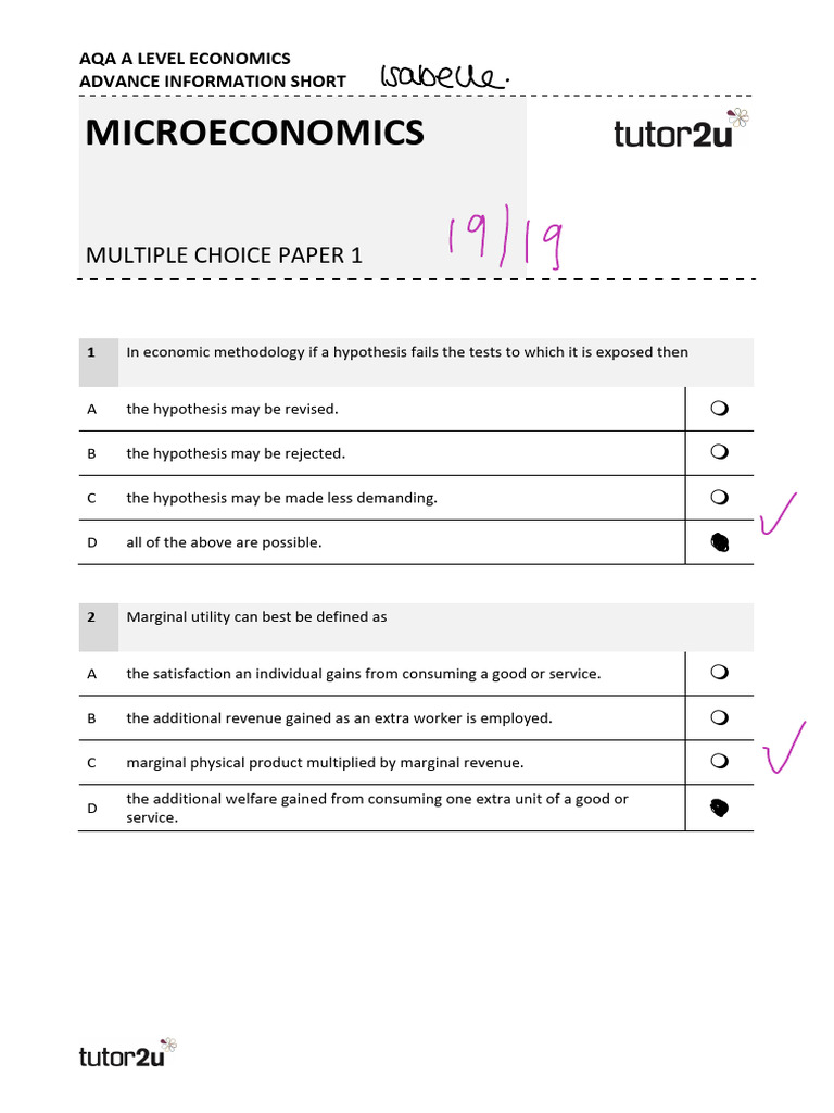 Micro MCQ Test 1 Copy DIL A2 1.5 | PDF | Demand | Profit (Economics)