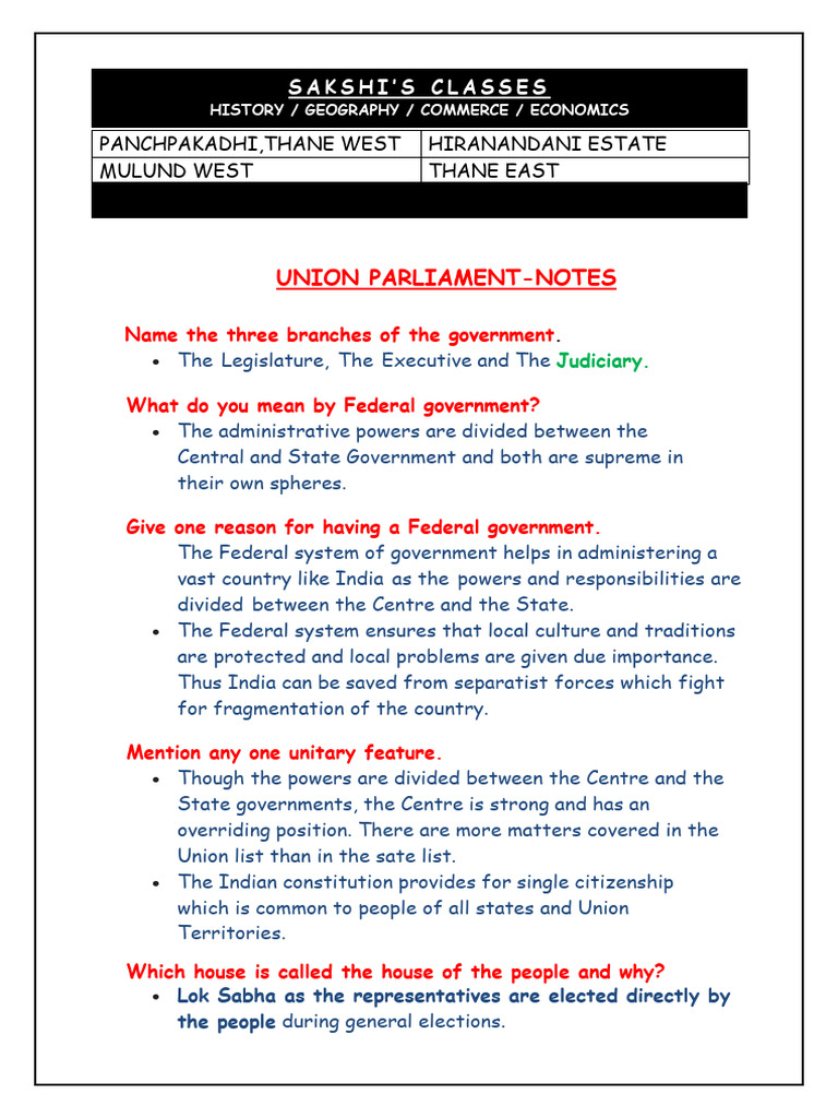 UNION PARLIAMENT NOTES | PDF | Political Law | Constitutional Law