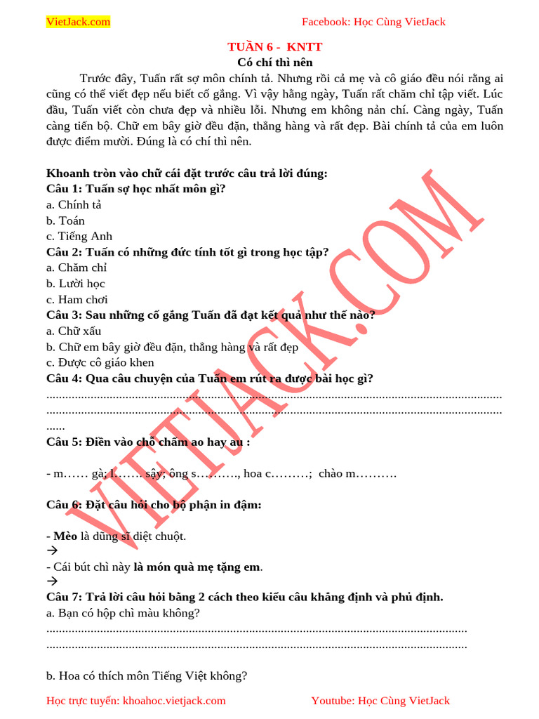Bai Tap Cuoi Tuan Tieng Viet Lop 2 Tuan 6 | PDF