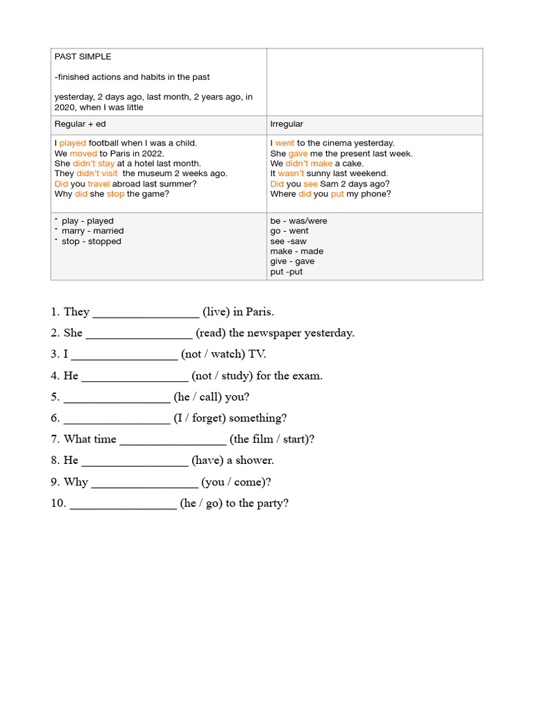 Past Simple Tense Practice Exercises | PDF