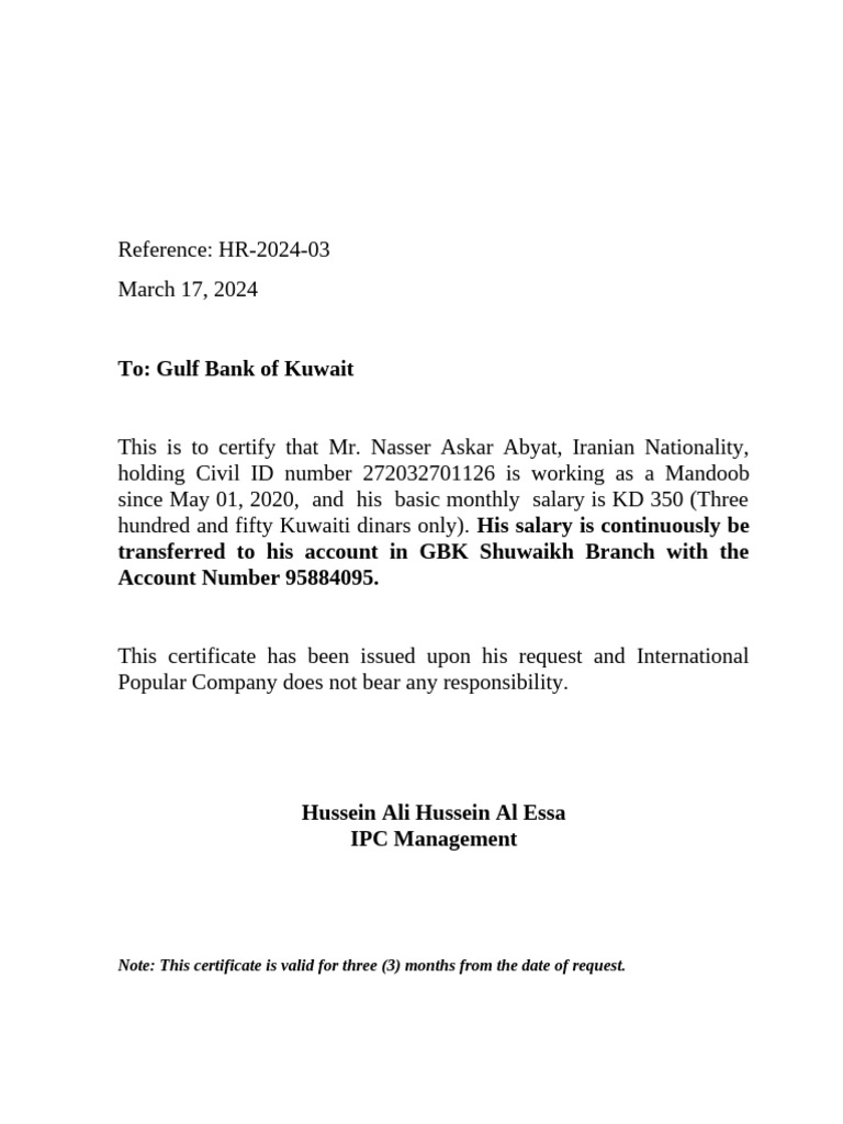 Nasser Askar Abyat Continuity Certificate | PDF