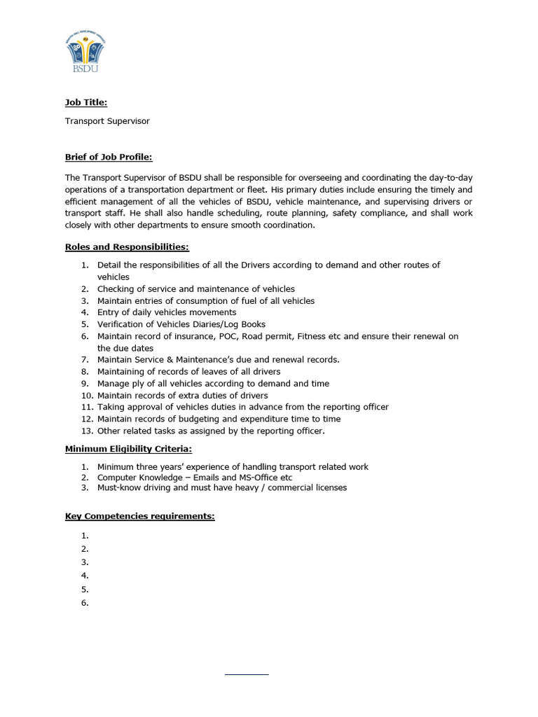 Transport Supervisor Job at BSDU | PDF