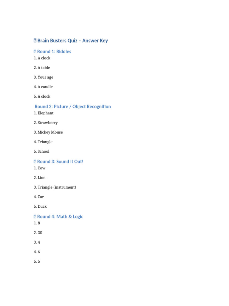 Brain Busters Quiz Answer Key | PDF