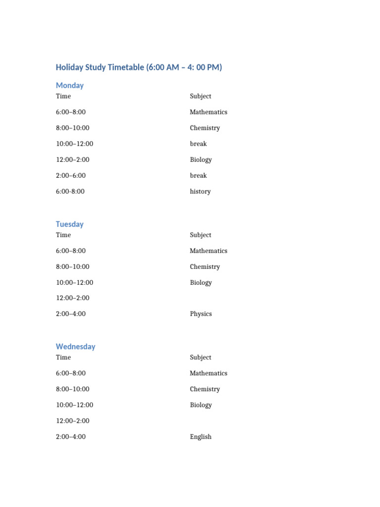 Holiday Study Timetable Breakdown | PDF