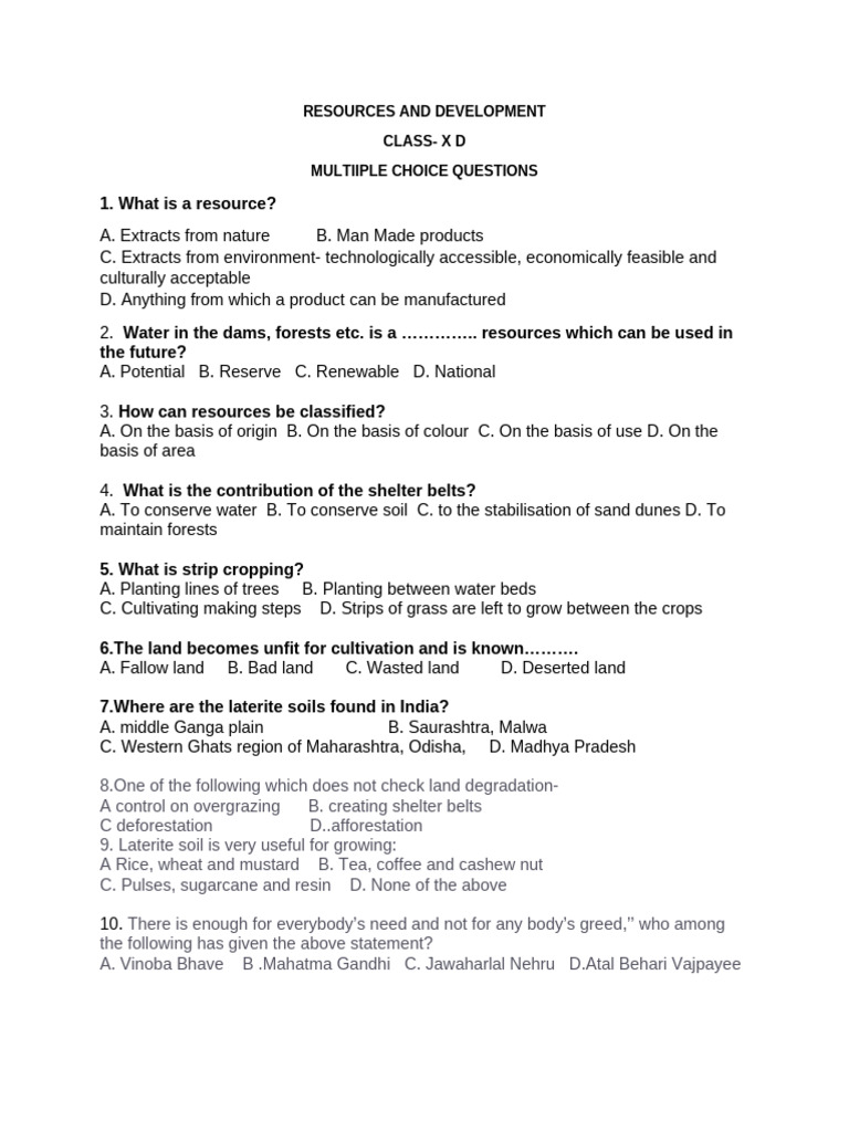 Resources and Development-Worksheet | PDF | Natural Environment ...